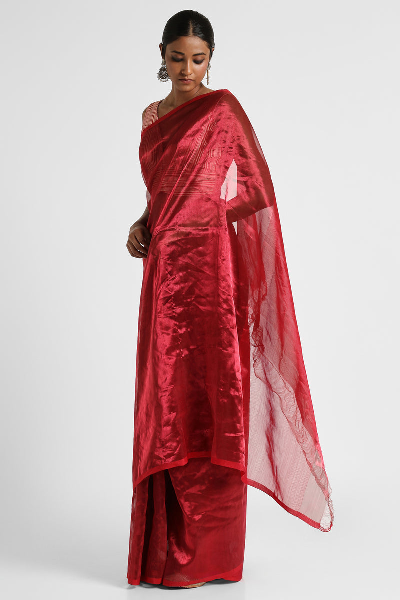 Ruby Red Silk Tissue Saree – Via East