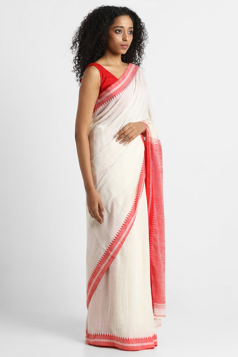 White Red Border Cotton Bengal Saree – Via East