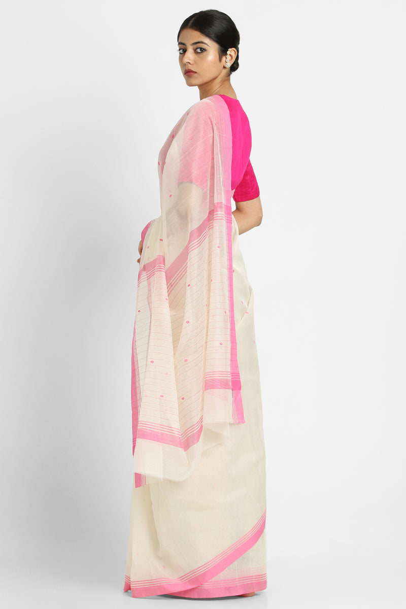 Cream and Pink Phool Buti Saree – Via East