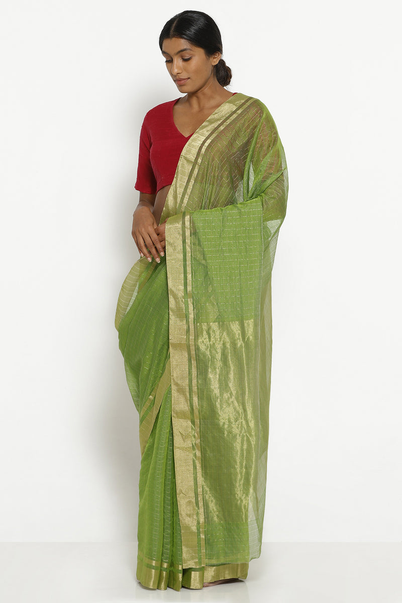 Leaf Green Silk Cotton Chanderi Check Saree – Via East