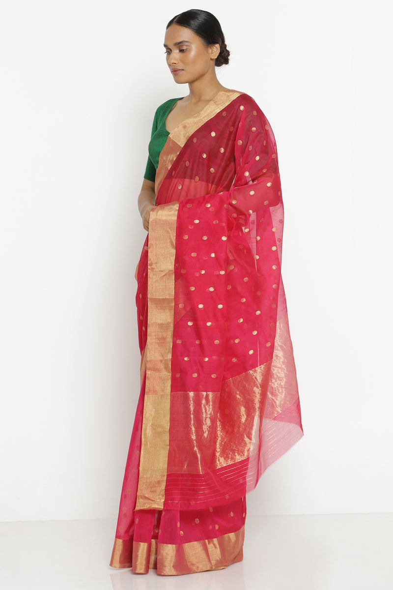 Deep Pink Silk Cotton Chanderi Zari Saree – Via East