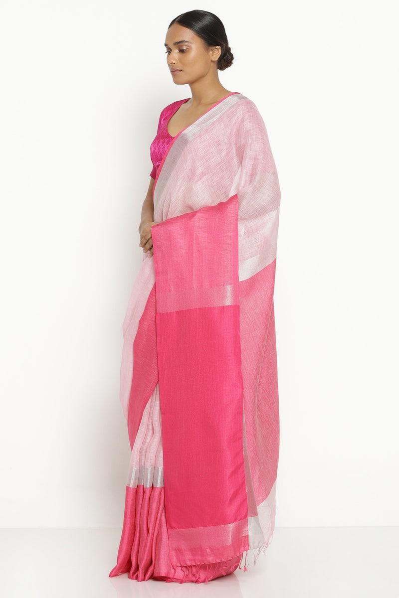 Powder Pink Linen Colour Blocked Saree – Via East