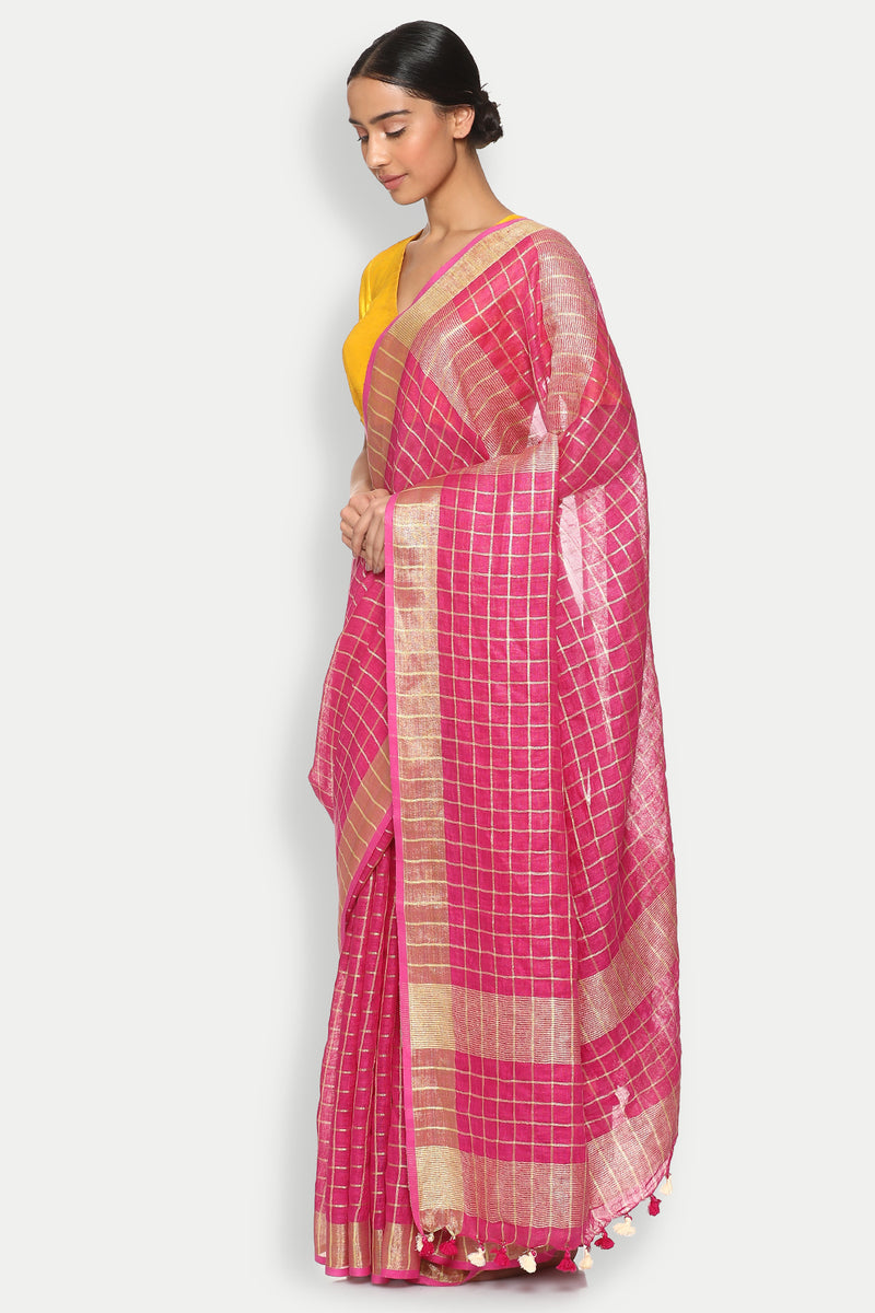 Pink and Gold Linen Check Saree – Via East