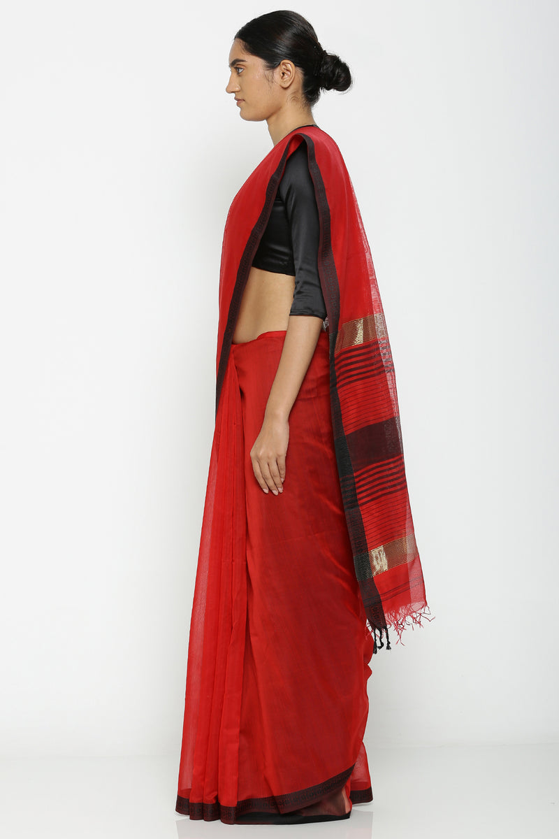 Red Silk Cotton Avani Saree – Via East