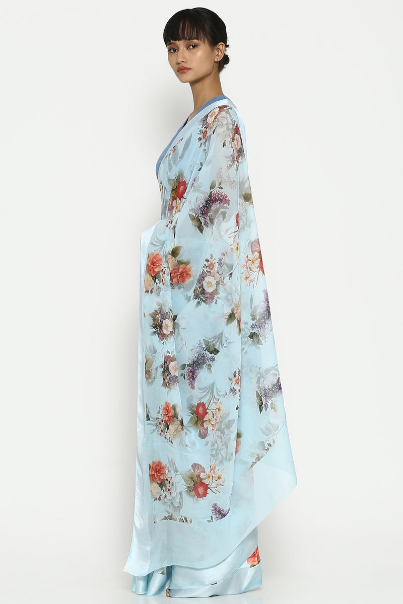 Neelam Blue Chiffon Floral Saree – Via East