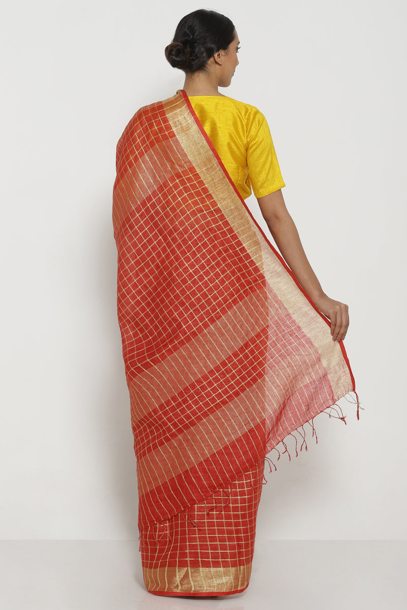 Red and Gold Linen Check Saree – Via East