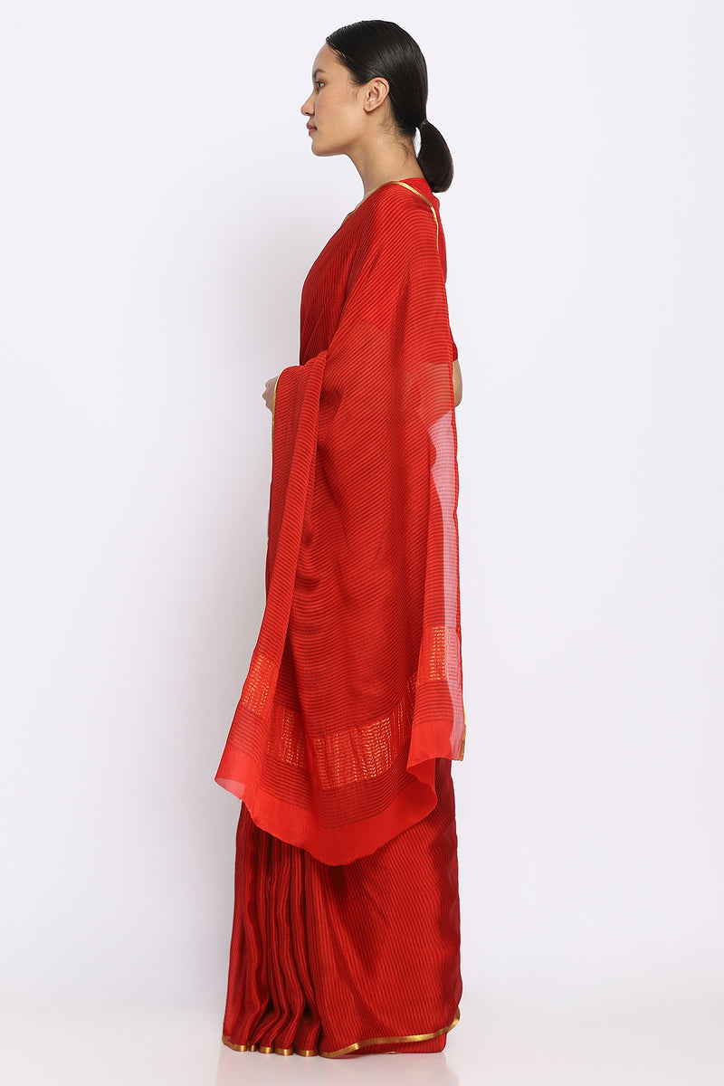 Striped Red Crepe Saree – Via East