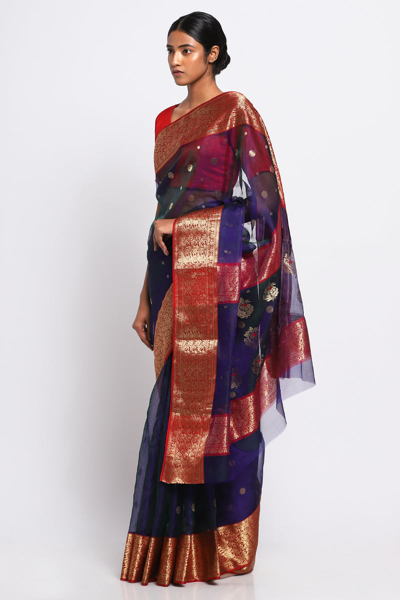 Blue Silk Chanderi Uma Saree – Via East